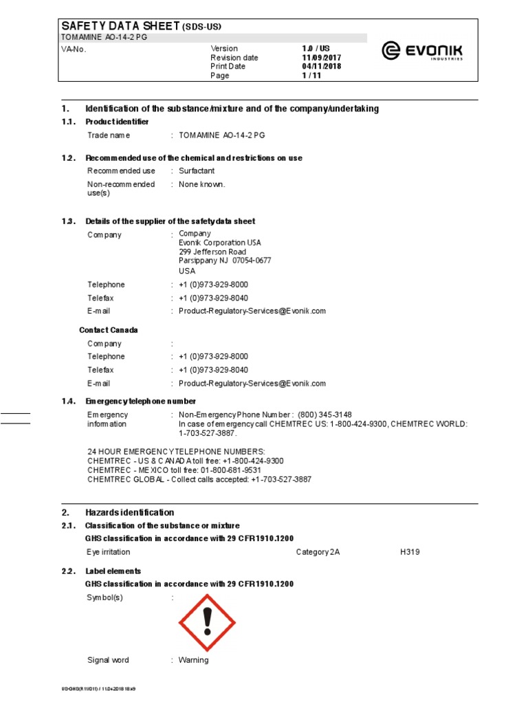 Tomamine AO 14 2 PG. SDS. 11.09.17. | PDF | Dangerous Goods | Personal ...
