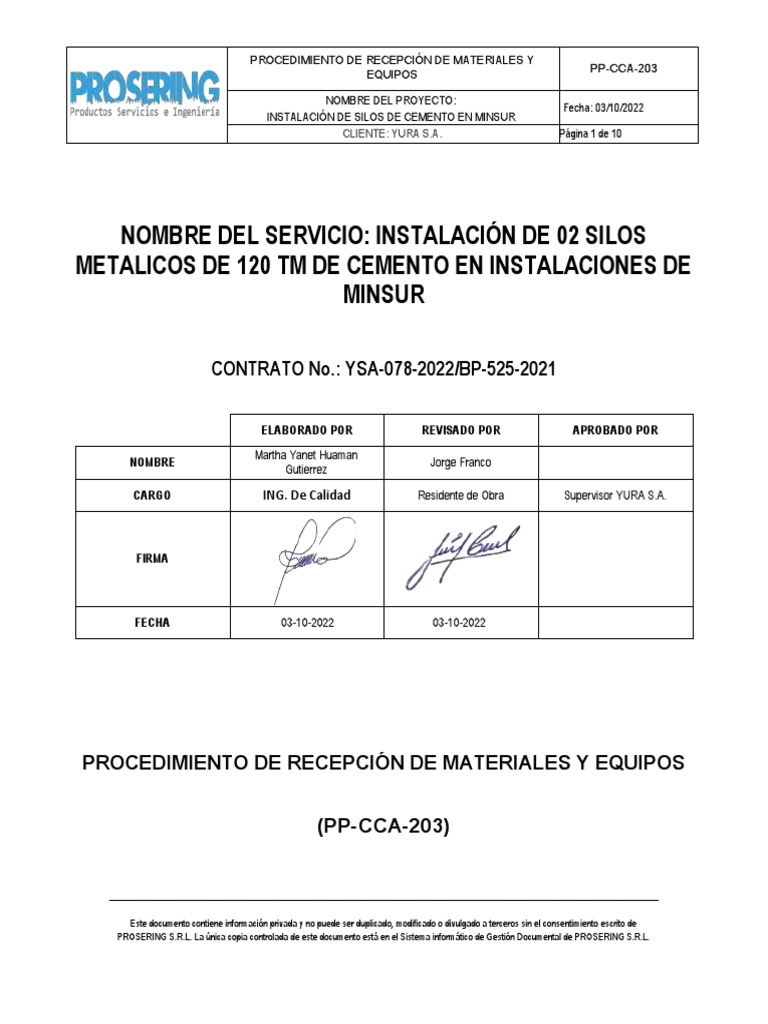 PP-CCA-203 Procedimiento de Recepción de Materiales y Equipos | PDF | Calidad (comercial ...