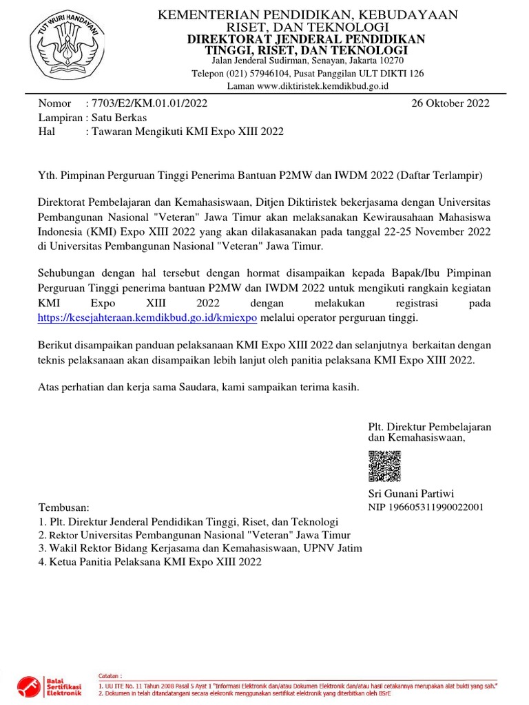 Surat Tawaran Mengikuti KMI Expo XIII 2022 | PDF
