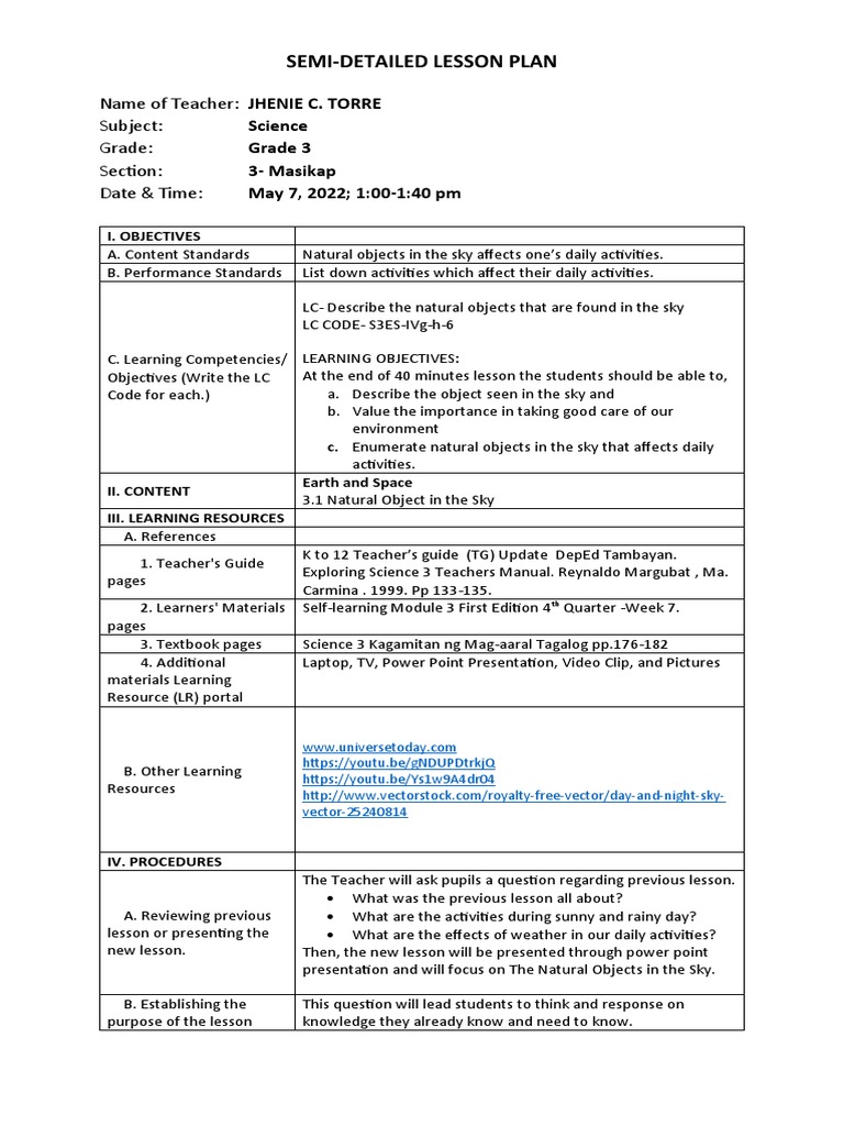 TTL Lesson Plan | PDF | Teachers | Night