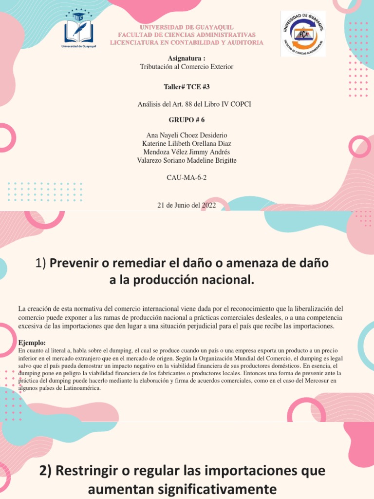 Taller No. TCE-02. - PRESENTACIÓN - ART. #88 COPCI, Defensa Comercial ...