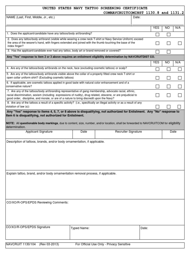 Navy Tatto Screening Form Navcruit - 1130 - 104 - 3625 | PDF