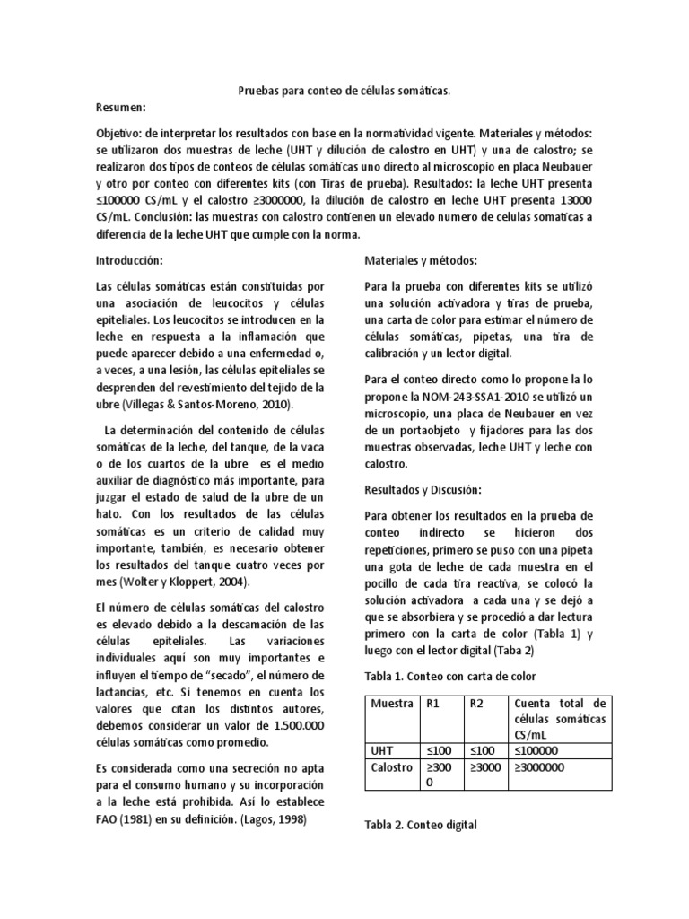 Practica 11. Pruebas para Conteo de Células Somáticas. | PDF | Leche | Especialidades Medicas