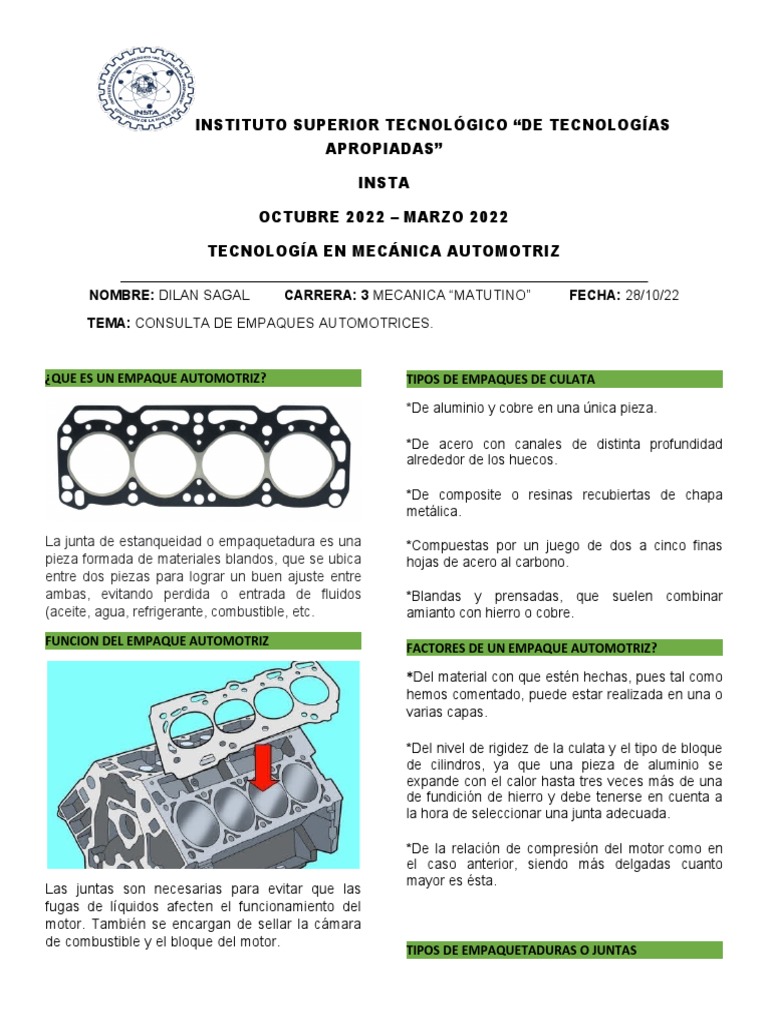 Tipos y Funciones de Empaques Automotrices | PDF | Acero | Cobre