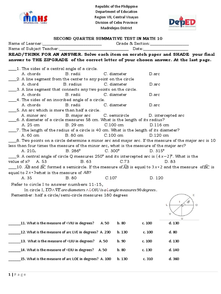 Math 10 SEcond Quarter Summative Test | PDF