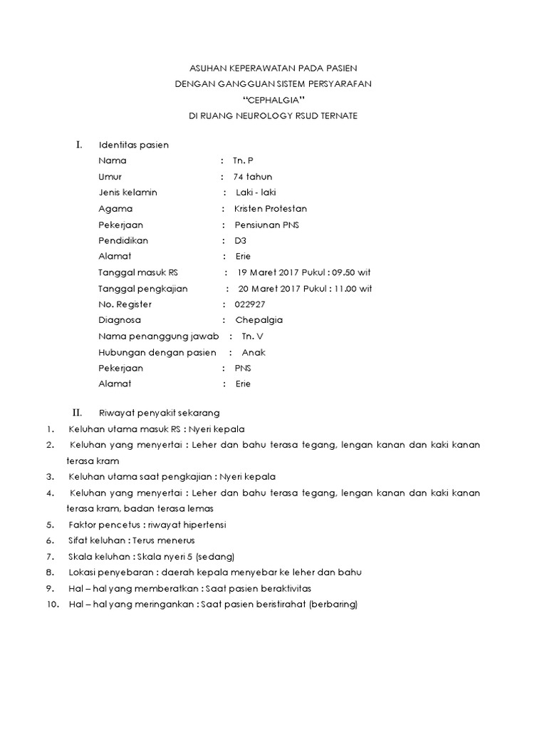 Asuhan Keperawatan Cephalgia Pasien 74 Tahun | PDF