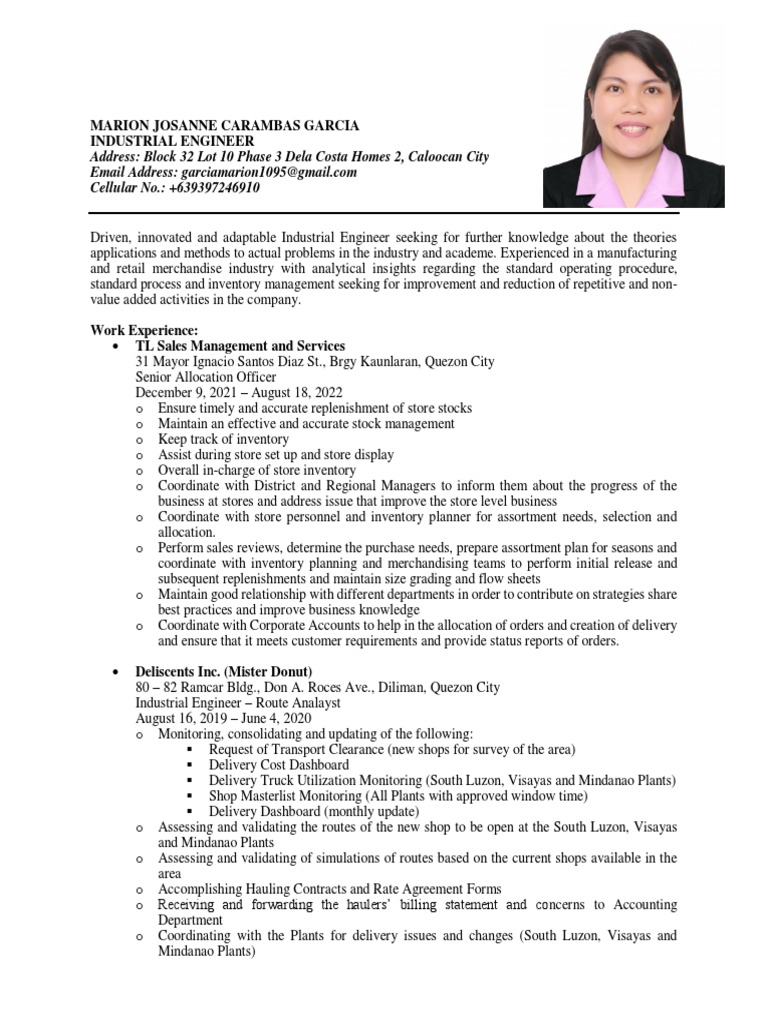Marion Josanne C. Garcia Resume | PDF | Inventory | Industrial Engineering