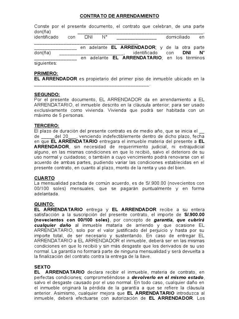 Contrato De Arrendamiento Para Rellenar Pdf