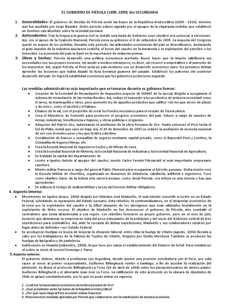 El Gobierno de Piérola | PDF | Perú