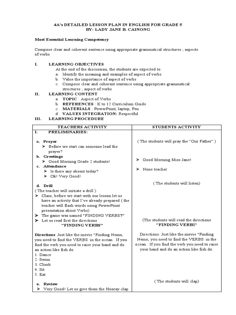 ENGLISH 5 4a's LESSON PLAN - CAINONG, LADY JANE | PDF