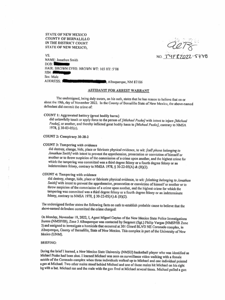 Arrest Warrant Affidavit For Jonathan Smith | PDF