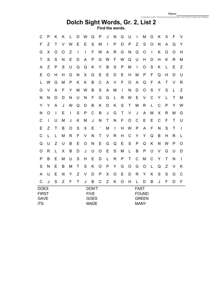 Grade 2 Dolch Sight Words Word Search | PDF