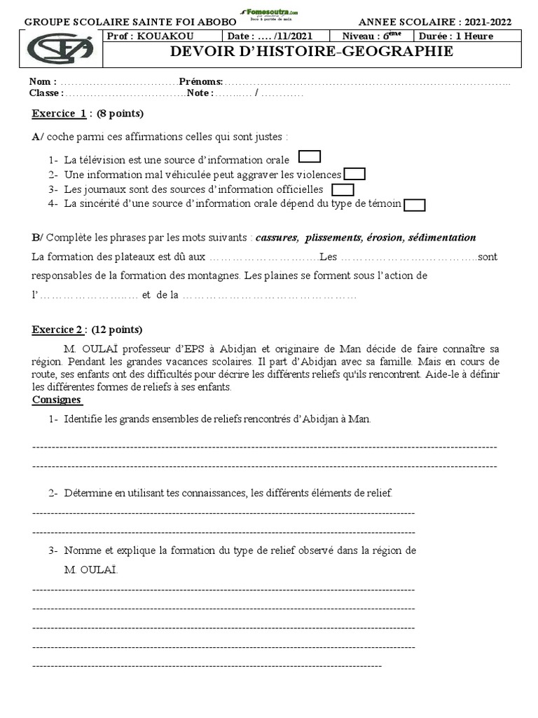 Devoir 6ème 1 | PDF