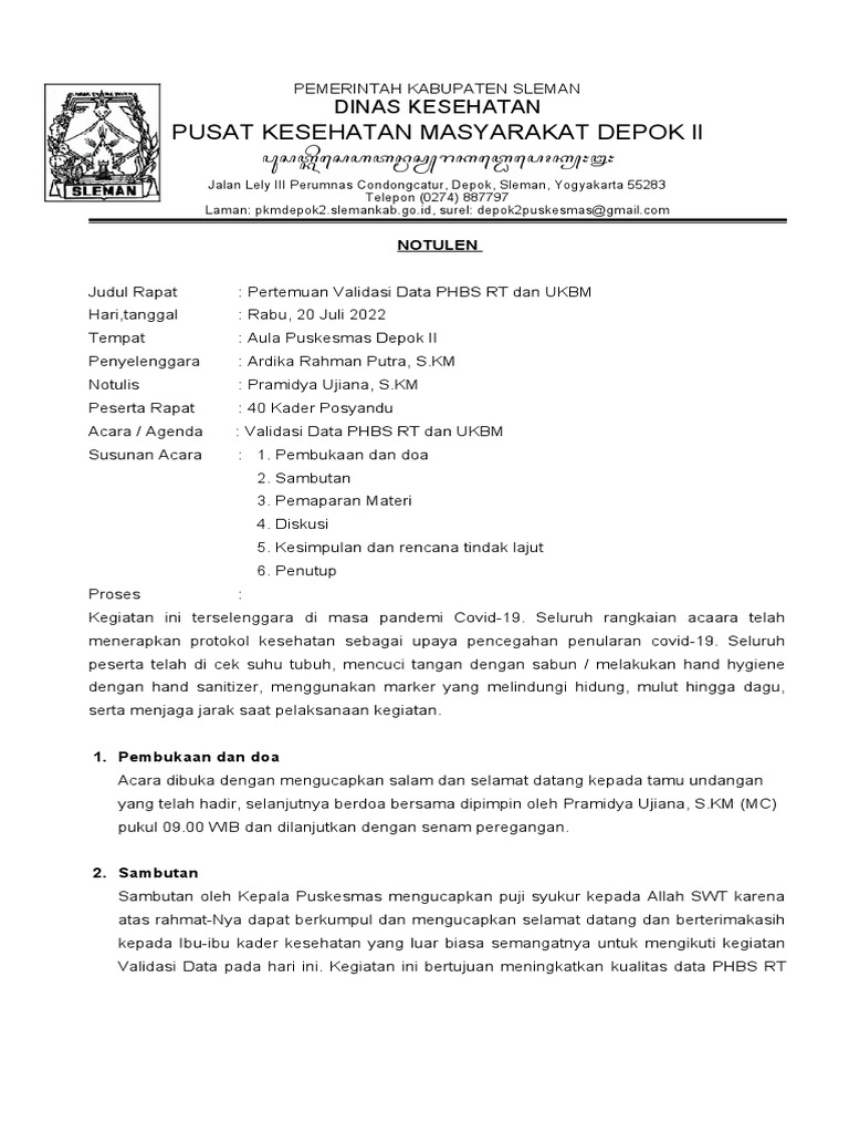 NOTULEN Pertemuan Validasi Data PHBS RT Dan UKBM | PDF