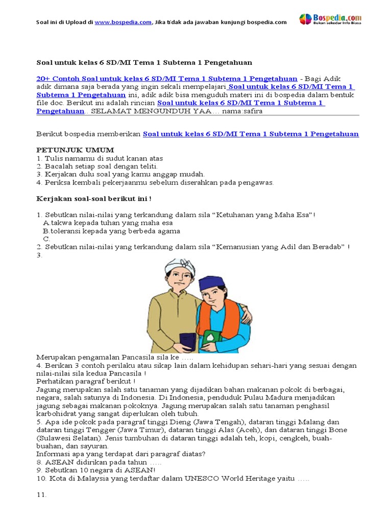 20+ Contoh Soal Untuk Kelas 6 SD MI Tema 1 Subtema 1 Pengetahuan | PDF