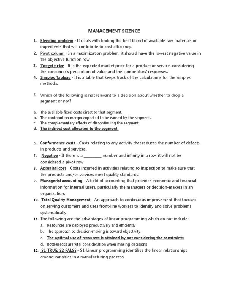 MANAGEMENT SCIENCE - Midterm | PDF | Business