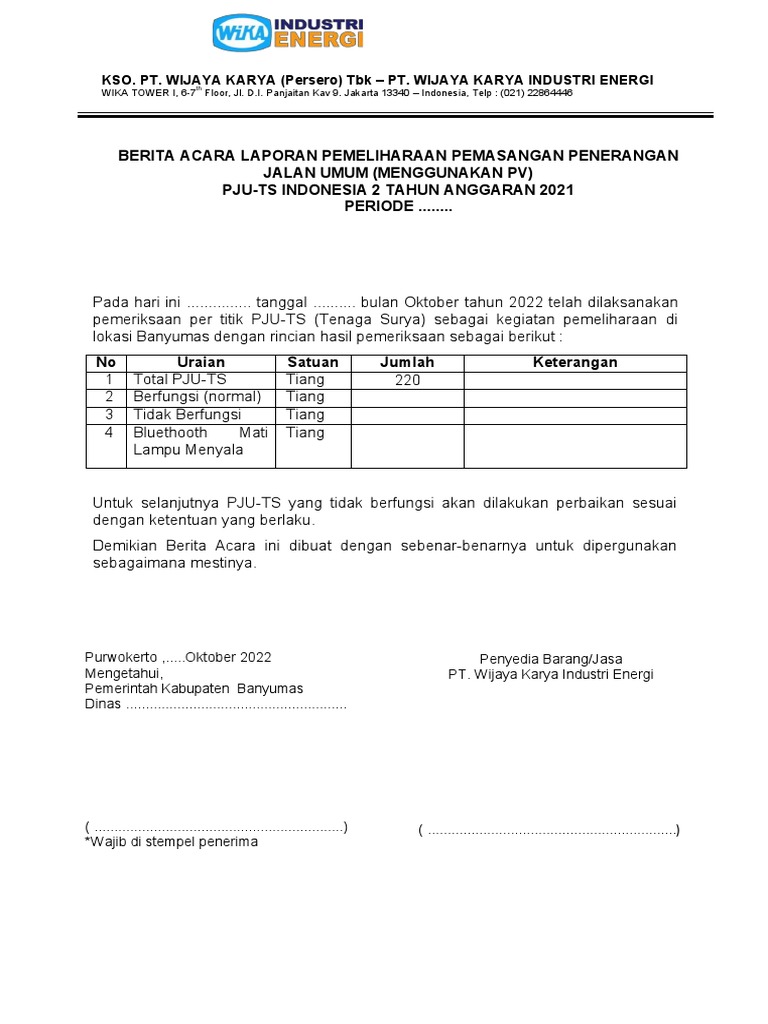 Berita Acara Laporan Pemeliharaan Pemasangan Penerangan Jalan Umum ...