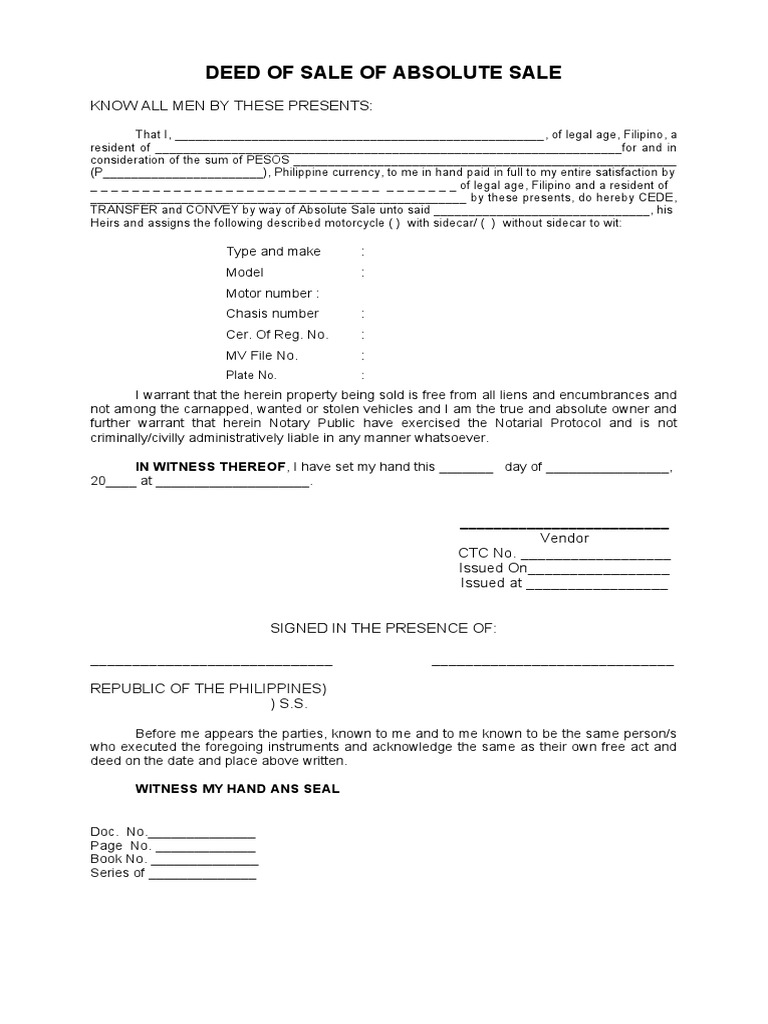 Deed of Sale of Motorcycle | PDF | Deed | Property