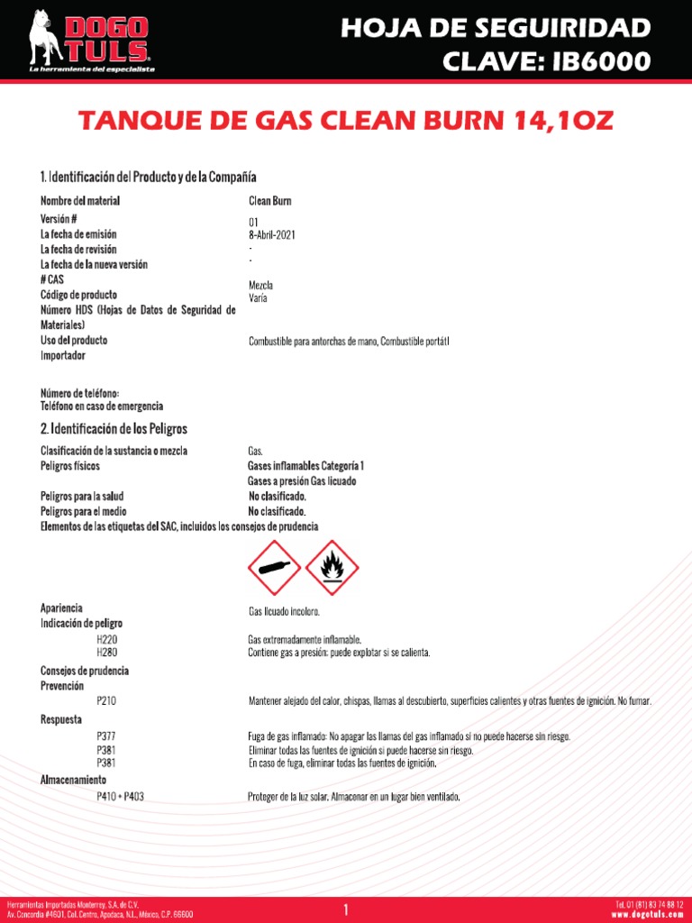 Hoja de Seguridad-C-Tanque de Gas Clean Burn | PDF