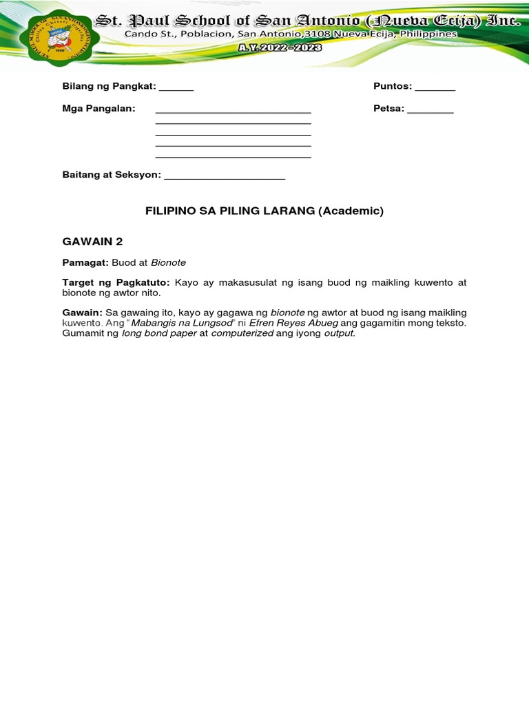 GAWAIN 2 - Pagbubuod at Paggawa NG Bionote | PDF