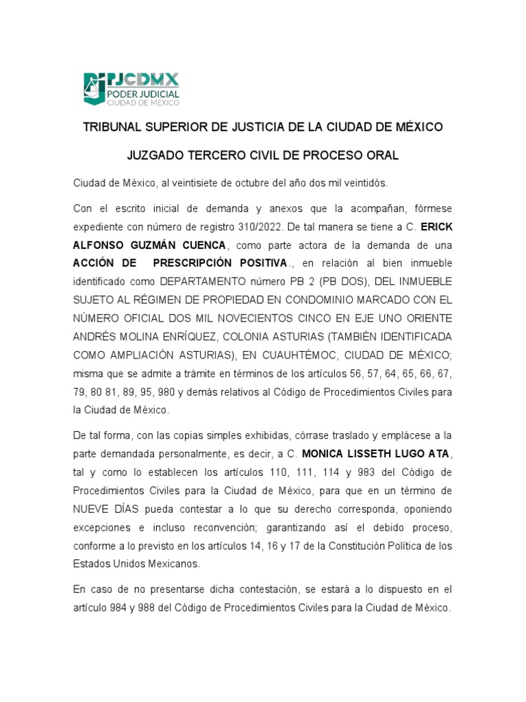 Auto Admisorio de Demanda | PDF | México | Demanda judicial