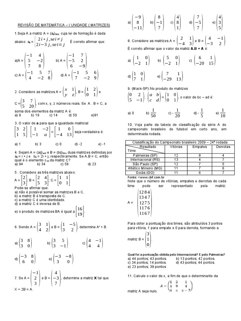 Revisão de matrizes: exercícios resolvidos | PDF | Determinante ...