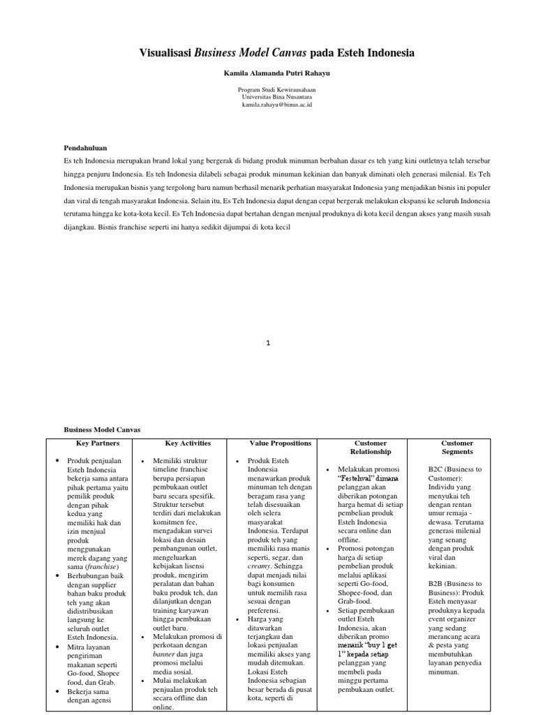 Visualisasi Business Model Canvas Pada Esteh Indonesia | PDF