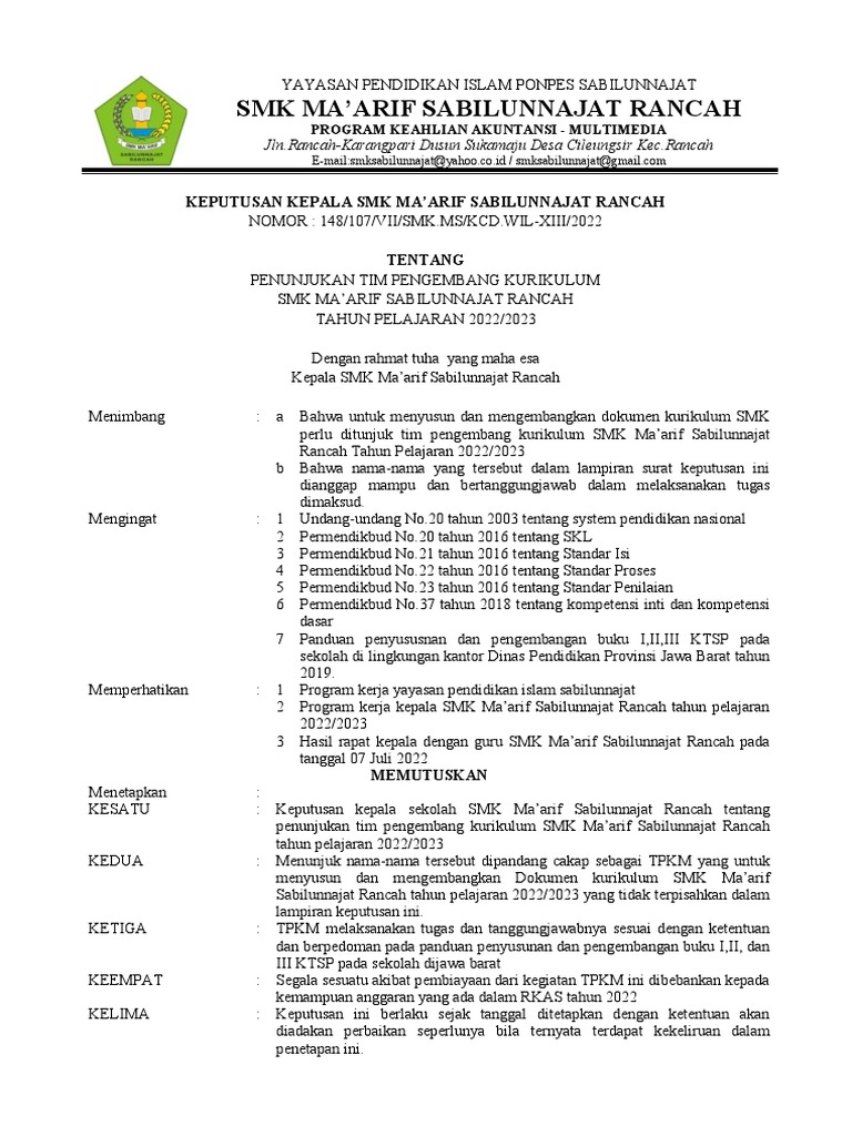 SK Penetapan Kurikulum | PDF