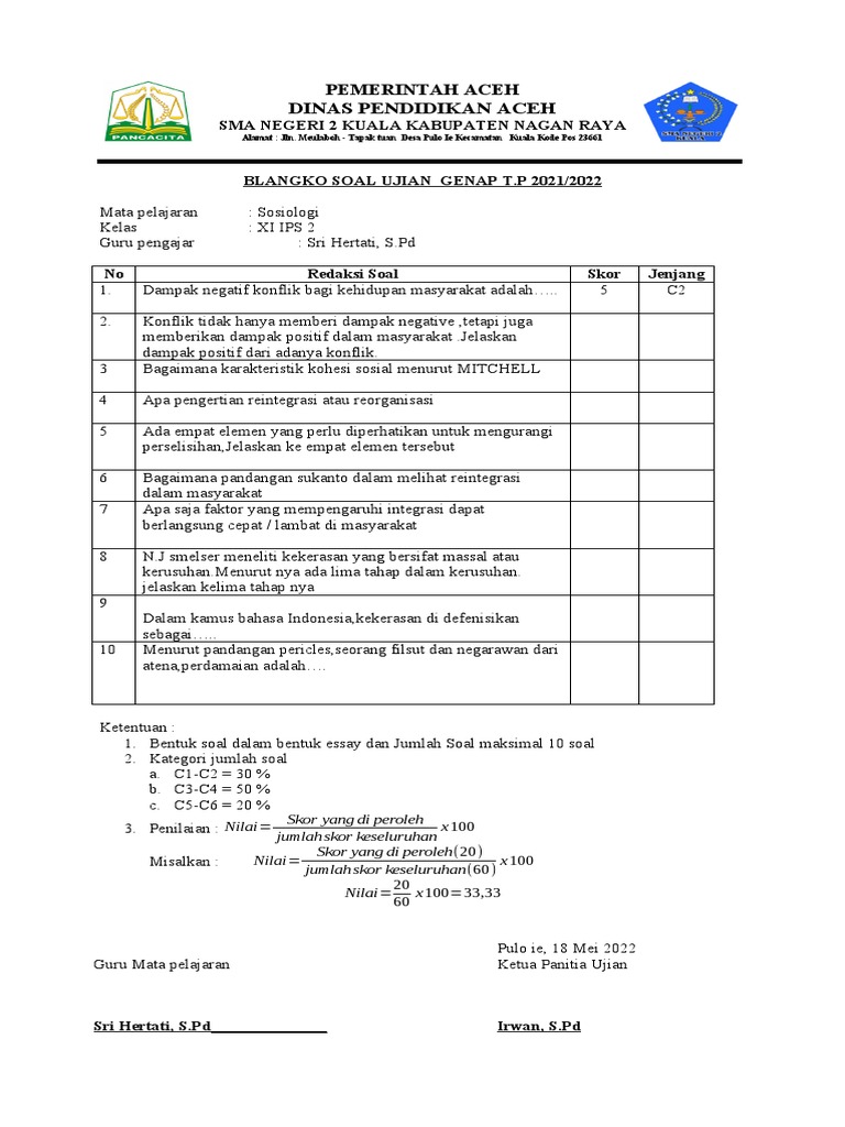 Blangko Soal Ujian S.genap 2021-2022 SOSIOLOGI XI IPS2 | PDF