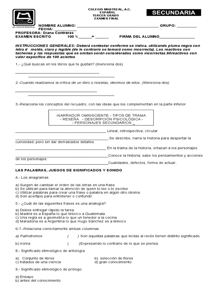 Examen Español Tercer Grado Final 2022 | PDF