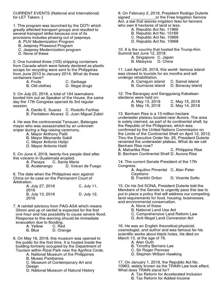 Current Events Quiz for LET Takers | PDF | Philippines | Government