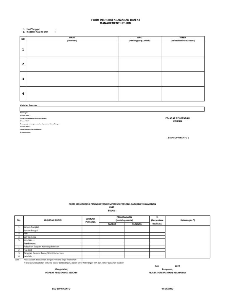 FORM INSPEKSI DAN MONITORING PENINGKATAN KOMPETENSI SATPAM Untuk UPT | PDF