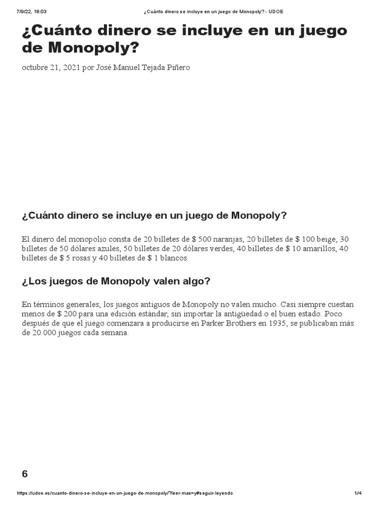 ¿Cuánto Dinero Se Incluye en Un Juego de Monopoly - UDOE | PDF