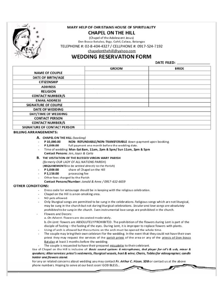 Chapel On The Hill Wedding Reservation Form | PDF