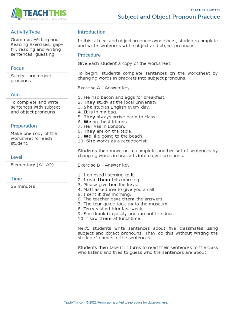 Subject Object Pronoun Practice | PDF | Subject (Grammar) | Object ...