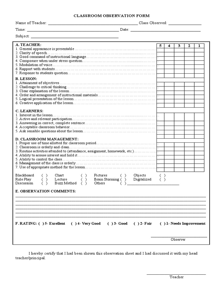 Classroom Observation Form | PDF | Communication | Education Theory