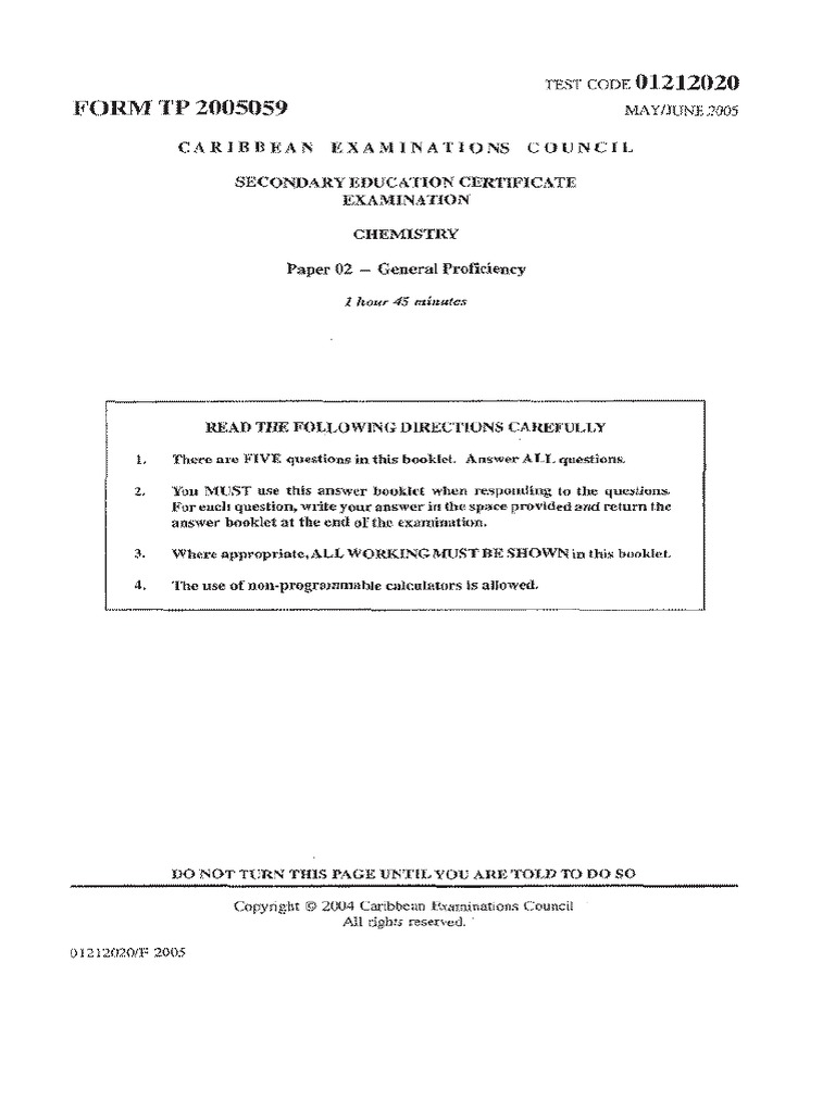 CSEC Chemistry June 2005 P2 | PDF | Chemical Elements | Atoms
