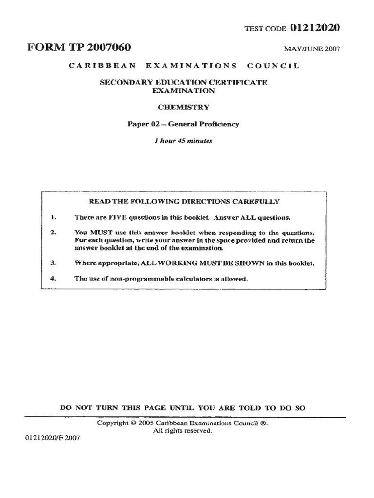 CSEC Chemistry June 2007 P02 | PDF | Precipitation (Chemistry ...