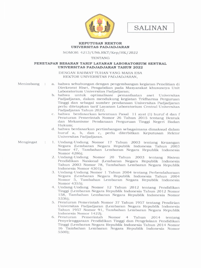 SK Pengujian Sampel Laboratorium Sentral Unpad 2022 | PDF