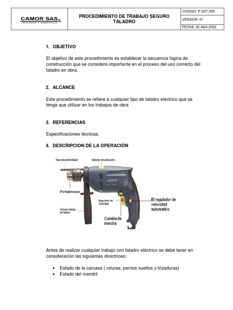 Procedimiento de Trabajo Seguro Con Taladro | PDF