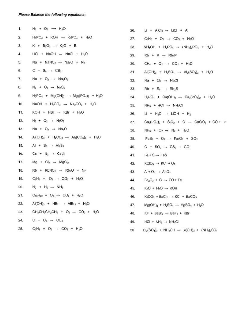 Balancing Rxns Worksheet | PDF
