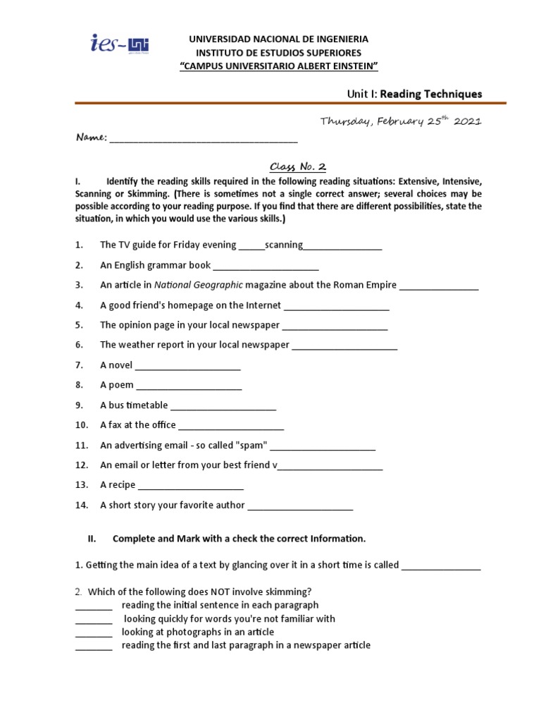 Clase No. 2 - Types of Reading - Exercises | PDF