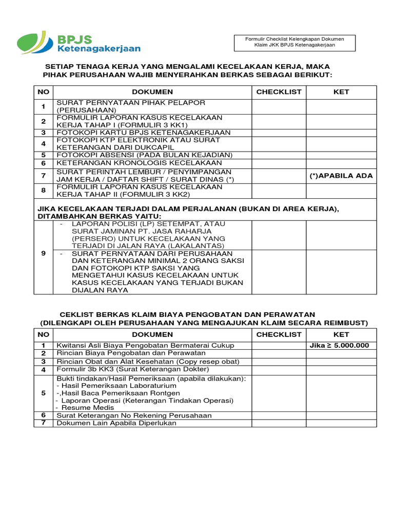 0 Checklist Klaim JKK Dan Formulir Baru | PDF