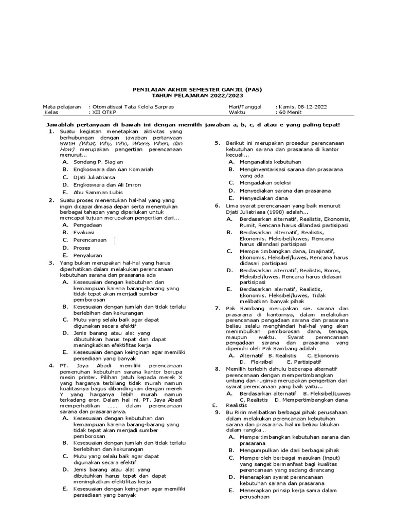 Soal & Jawaban Otk Sarpras Kelas 12 Semester 1 2021 - Bank-Soal - Id | PDF Soal & Jawaban Otk Sarpras Kelas 12 Semester 1 2021 - Bank-Soal - Id | PDF