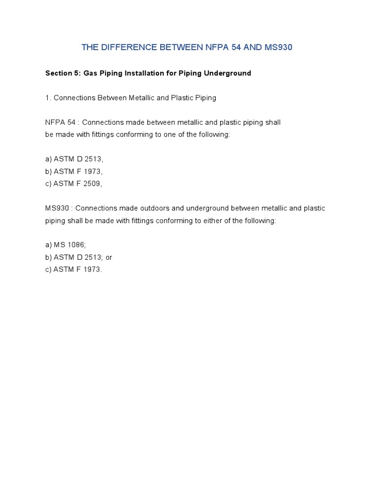 THE DIFFERENCE BETWEEN NFPA 54 AND MS930 | PDF | Pipe (Fluid Conveyance ...