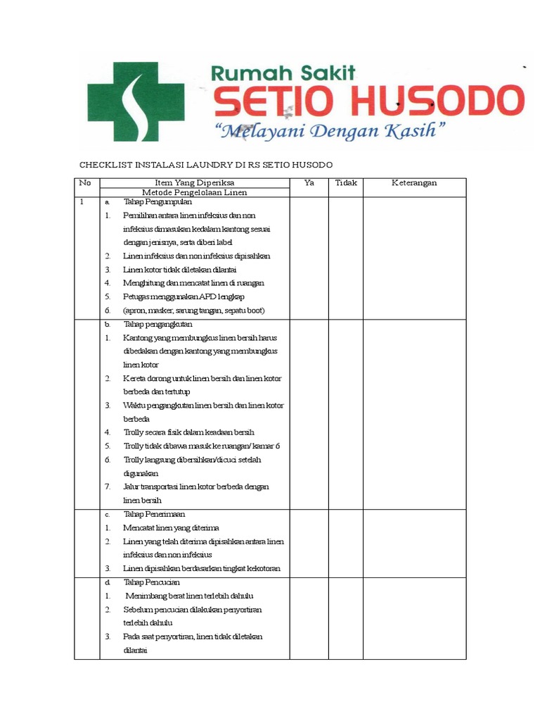Checklist Instalasi Laundry Di Rsu | PDF
