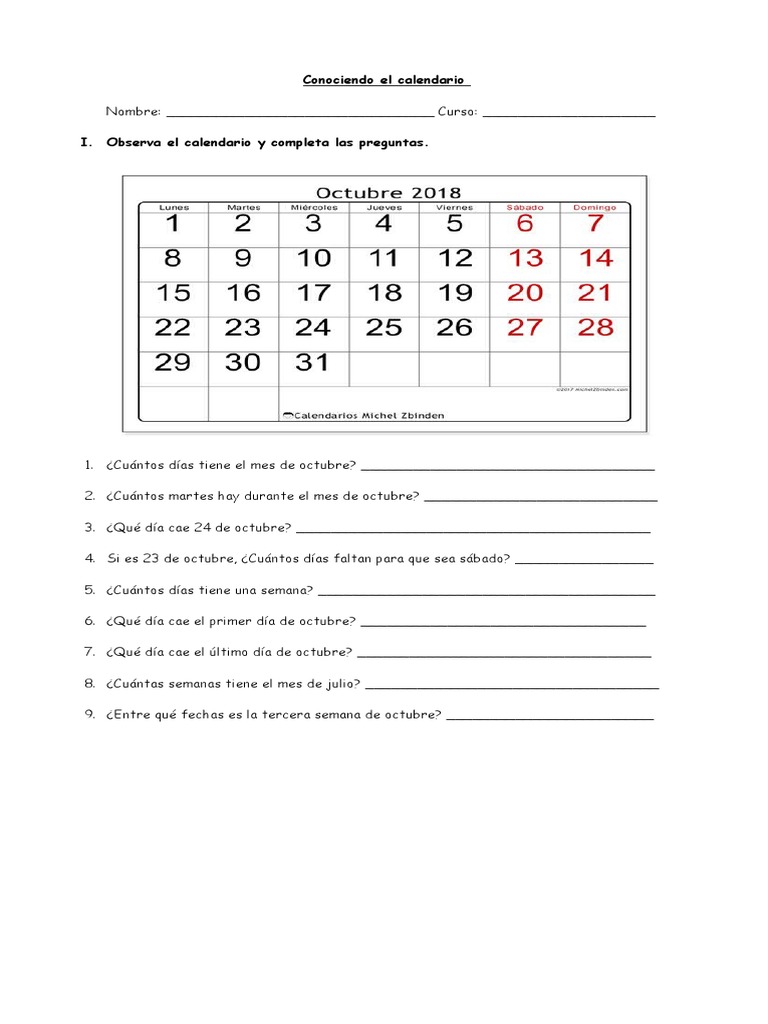Actividades sobre el calendario de octubre | PDF