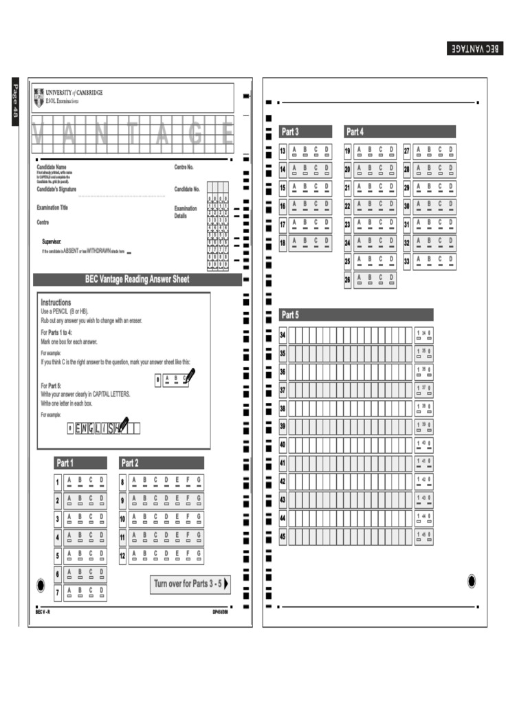 BEC Vantage Reading Answer Sheet | PDF | Written Communication | Writing