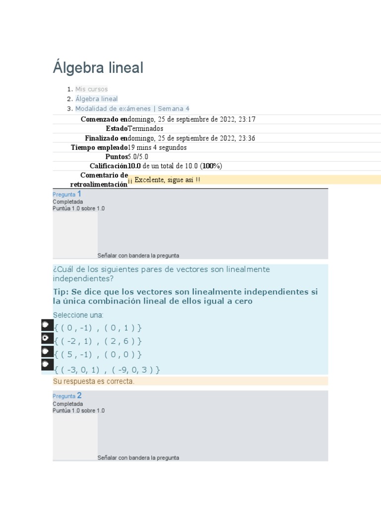 Álgebra Lineal Modalidad de Examenes Semana 4 | PDF Álgebra Lineal Modalidad de Examenes Semana 4 | PDF
