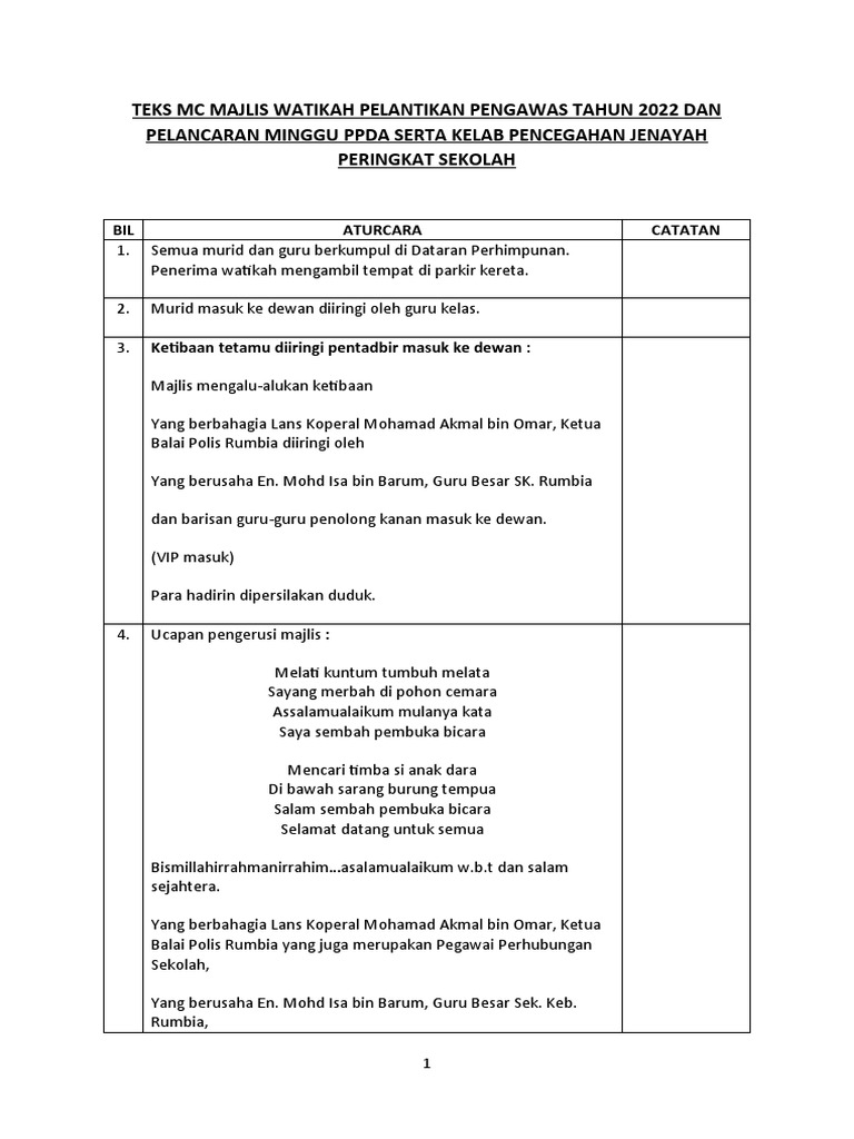 Teks MC Majlis Watikah Pelantikan Pengawas Tahun 2022 Dan Pelancaran ...